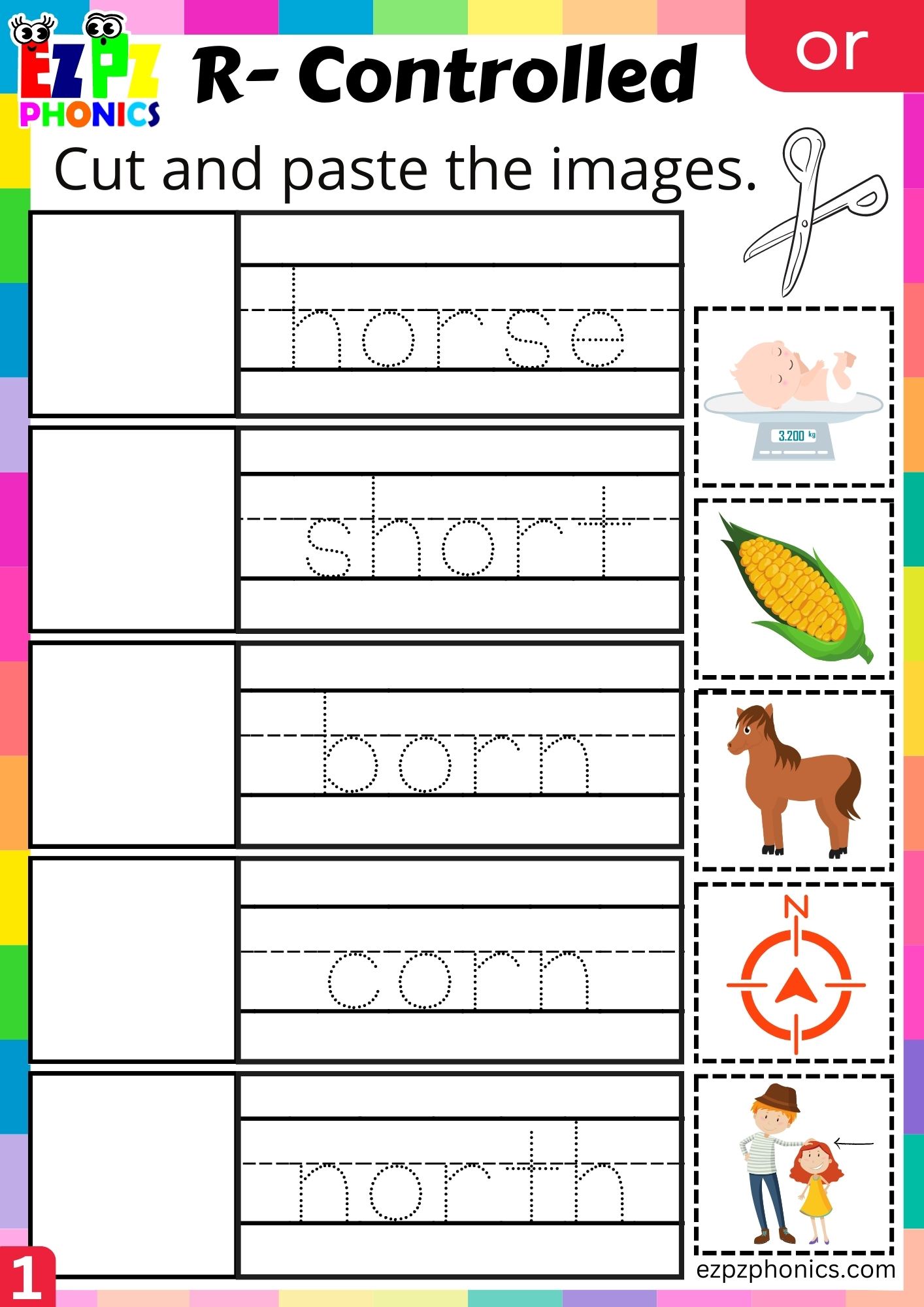 Cut and paste worksheet or words R Controlled Vowels Phonics group 1 - ezpzphonics.com